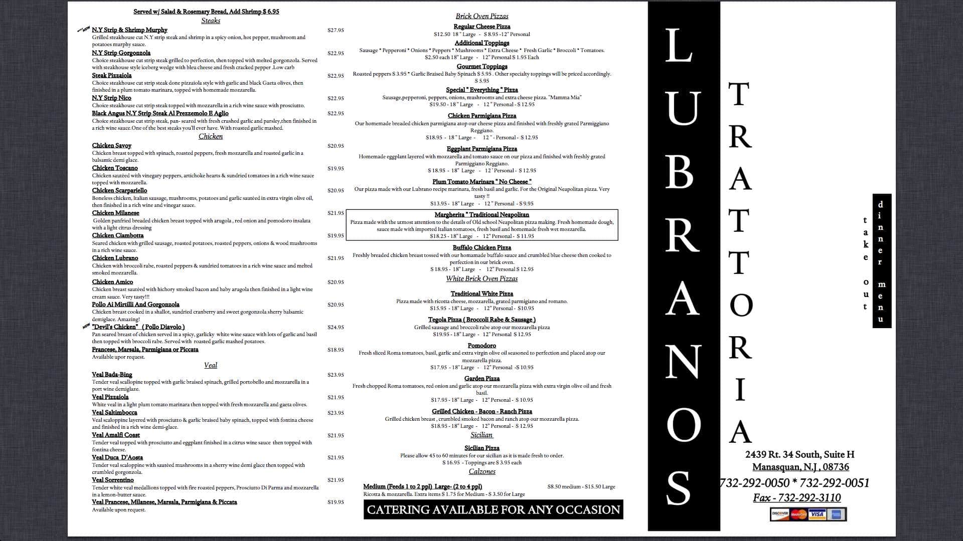 Menu at Lubrano's Trattoria pub & bar, Manasquan