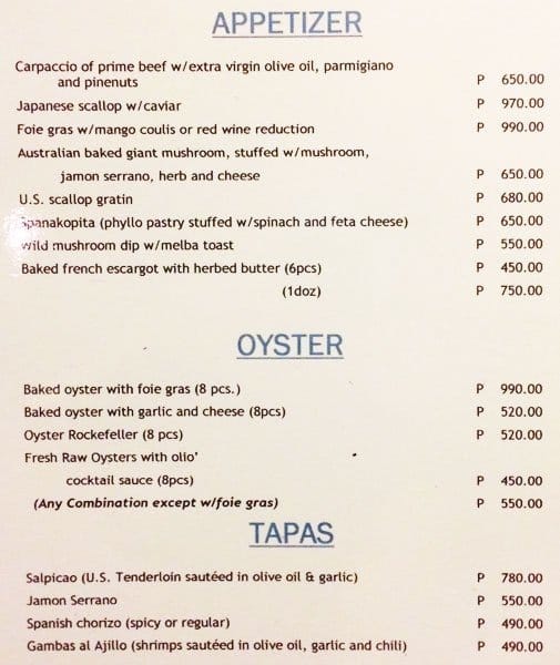 Menu at Olio Restaurant & Lounge, Cebu City