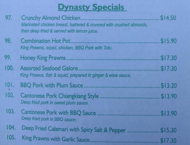 Menu at Dynasty Chinese Take Away restaurant, Margate