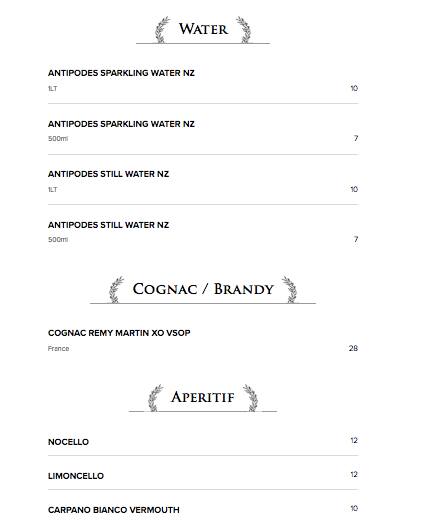 Menu at Artusi restaurant, Auckland, 1/415 Remuera Rd