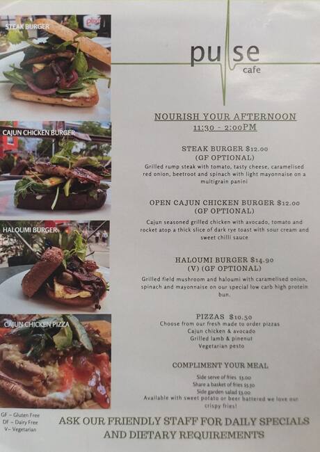 Menu at Pulse Cafe, Herston