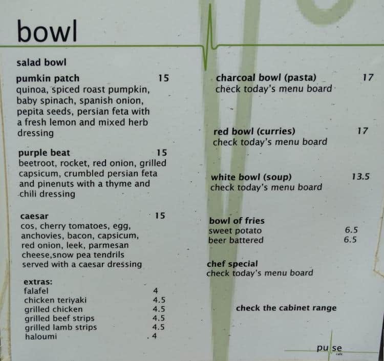 Menu at Pulse Cafe, Herston