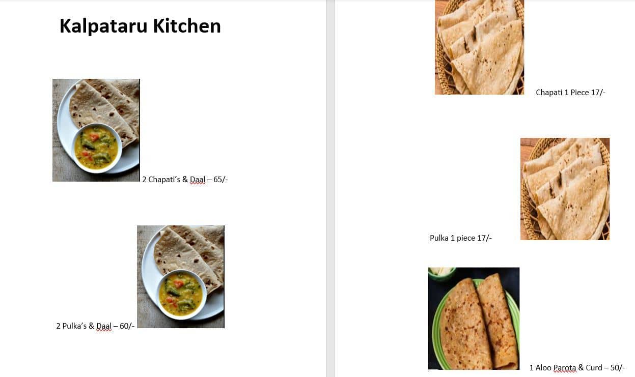 Menu of Kalpataru Kitchen, Whitefield, Bangalore