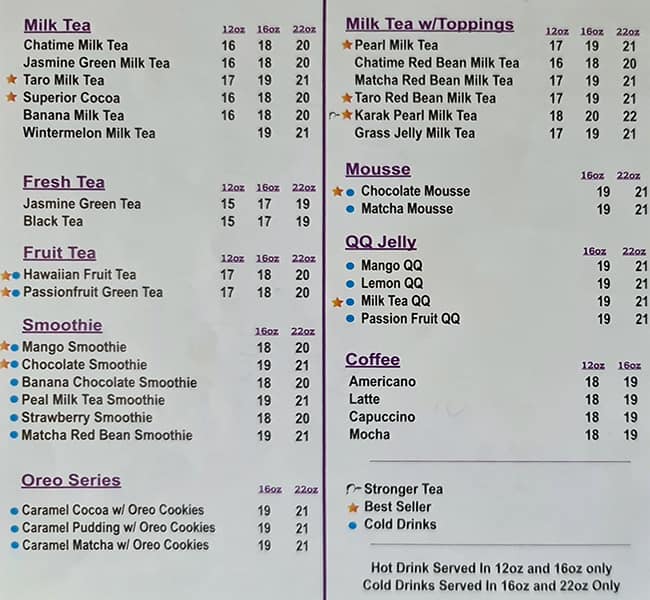 Menu at Chatime, Dubai, Near Al Satwa Roundabout