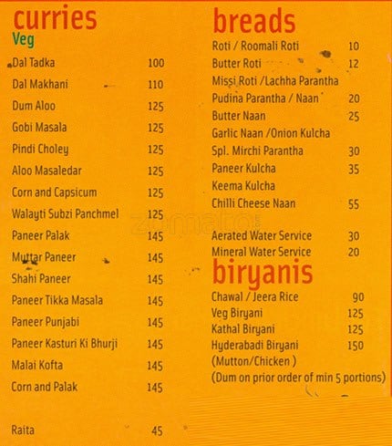 Menu at Oye Punjabi, New Delhi, Alaknanda