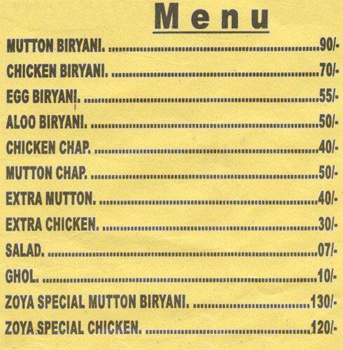 Zoya Biriyani Menu, Menu for Zoya Biriyani, Hatibagan, Kolkata - Zomato