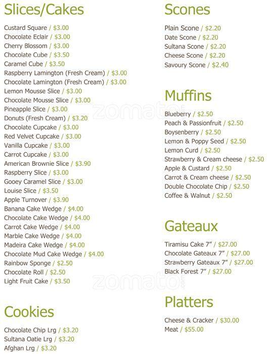 Menu at Cake Excellence Bakery, Auckland