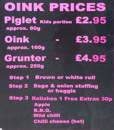 Menu at Oink Victoria Street fast food, Edinburgh, 34 Victoria St