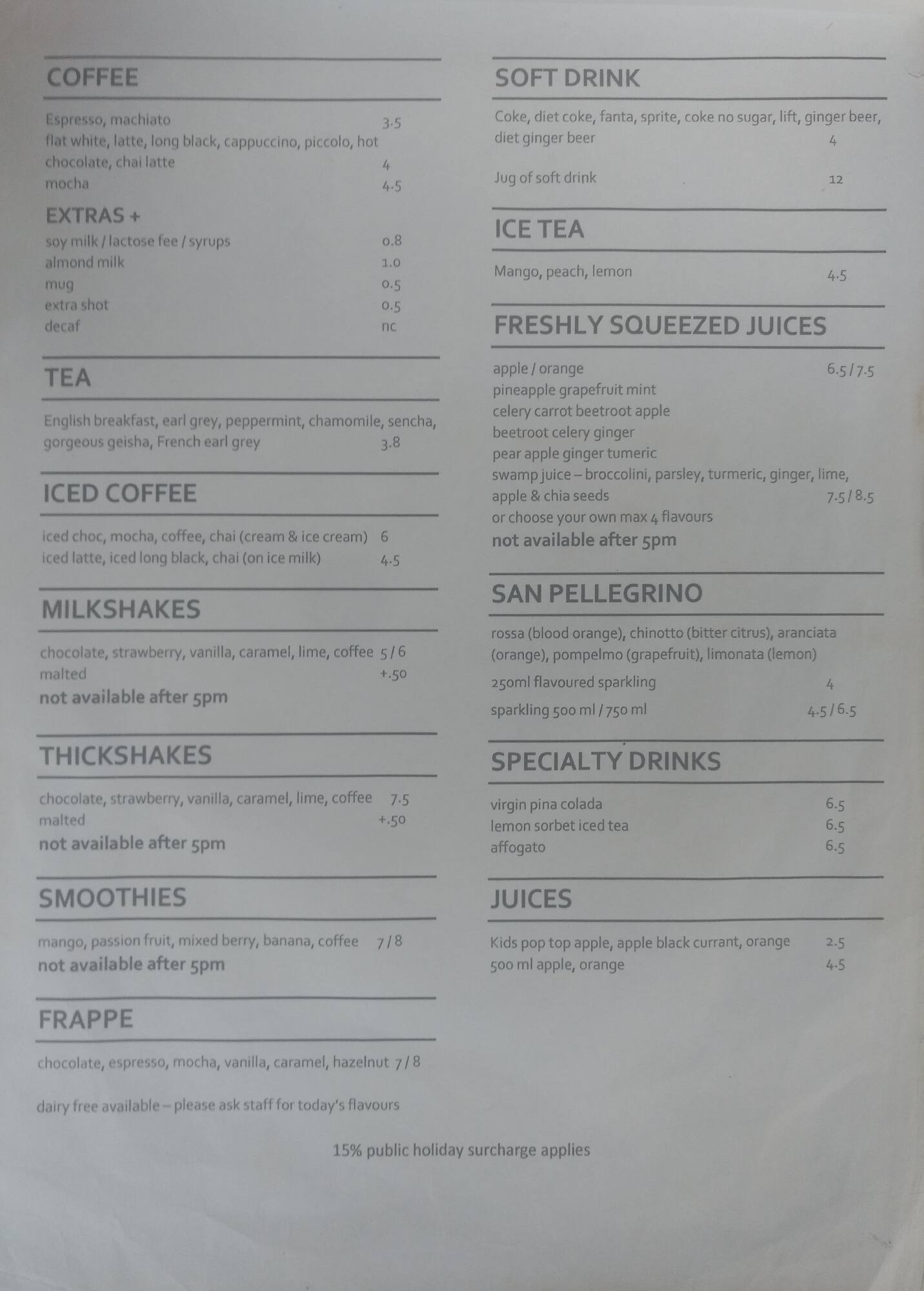 Menu at Preece's restaurant, Redcliffe