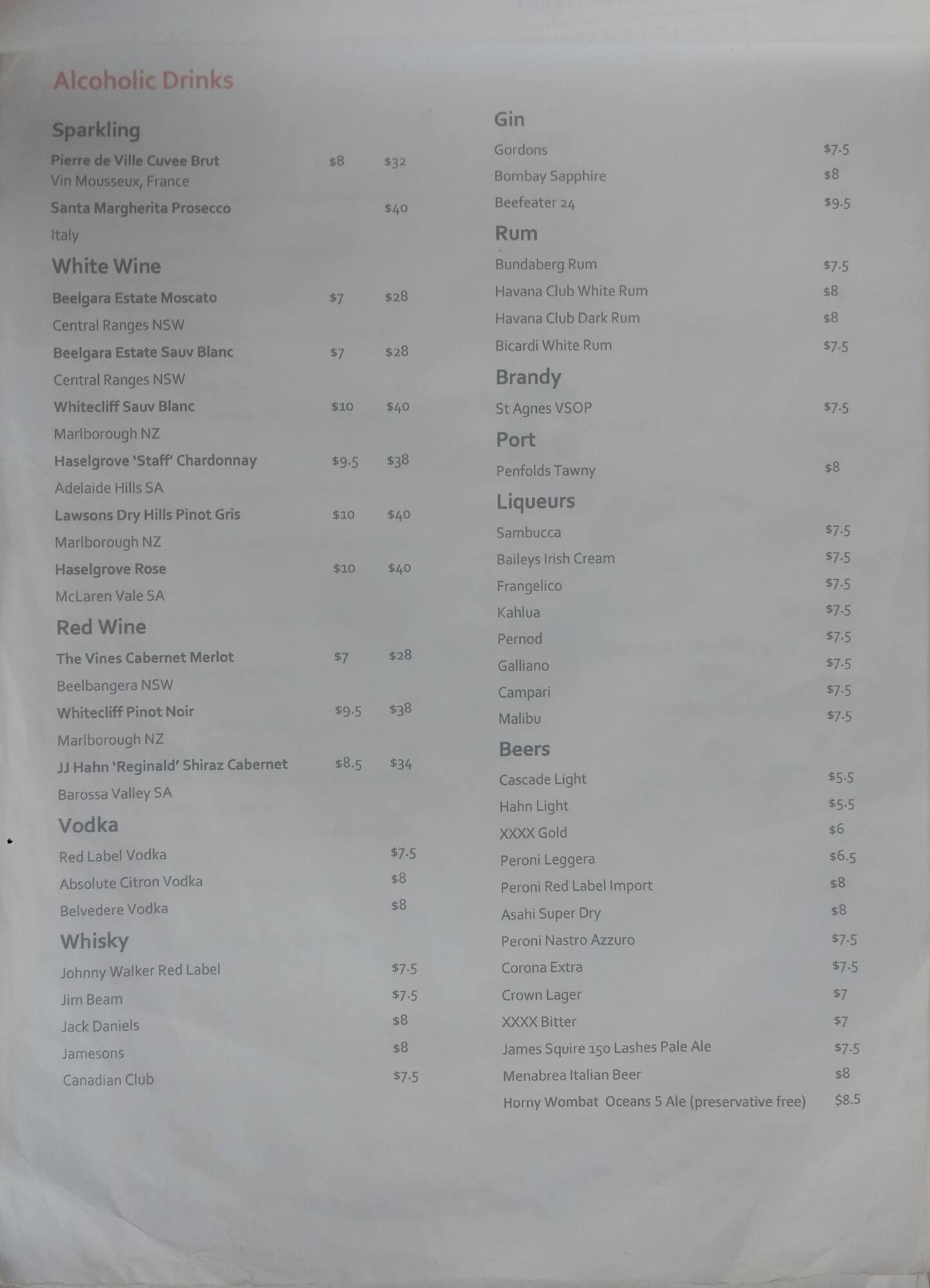 Menu at Preece's restaurant, Redcliffe