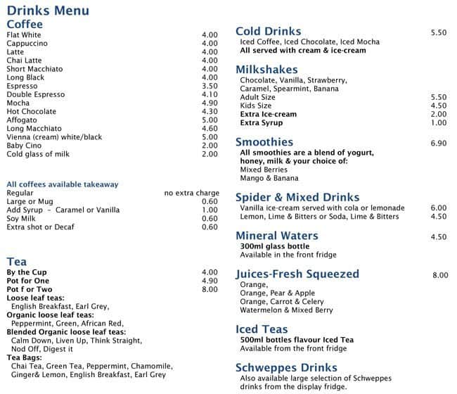 Menu at Zephyr Cafe & Kiosk, East Fremantle
