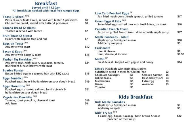 Menu at Zephyr Cafe & Kiosk, East Fremantle