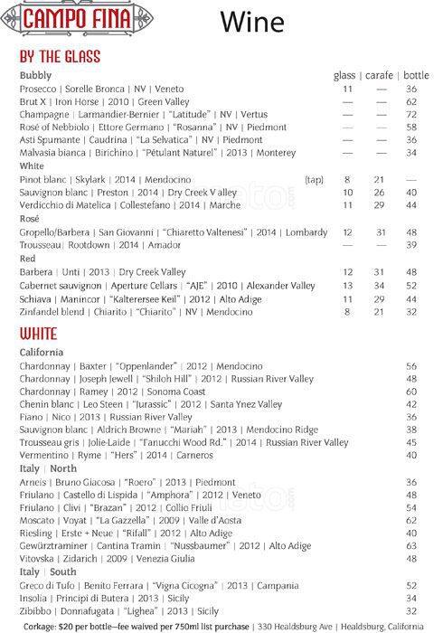 Menu at Campo Fina restaurant, Healdsburg