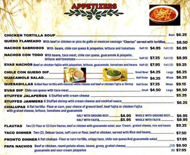 Eva's Mexican Restuarant Menu - Urbanspoon/Zomato