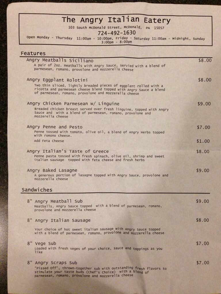 Menu at The Angry Italian Eatery restaurant, McDonald