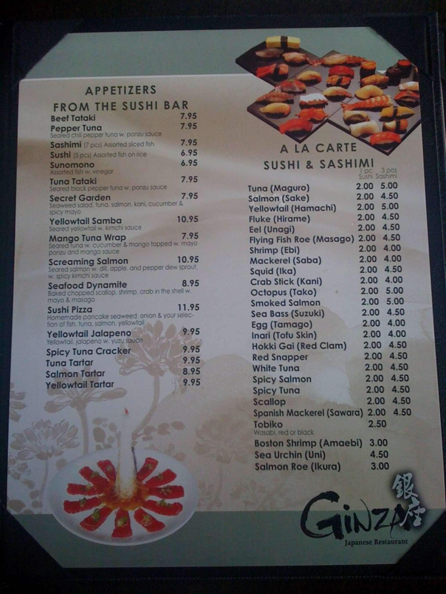Menu at Ginza Japanese Restaurant, Ocean Township