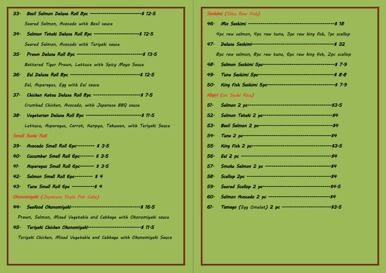 Menu at ichi restaurant, Toowoomba City