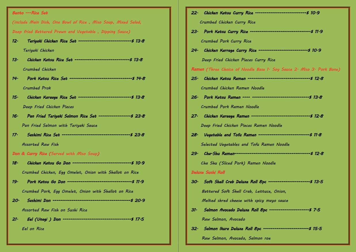 Menu at ichi restaurant, Toowoomba City