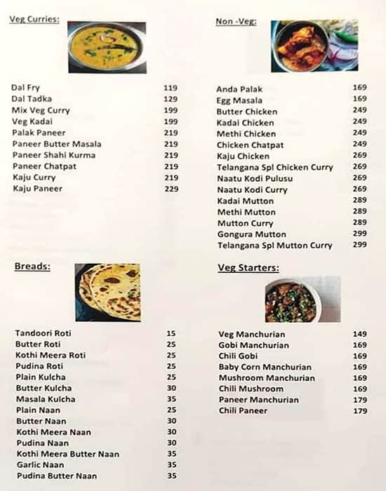 Menu at telangana ruchulu, Hyderabad, plot no 6&21