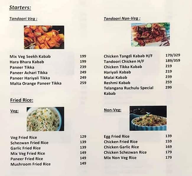 Menu at telangana ruchulu, Hyderabad, plot no 6&21