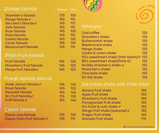 Menu of Firangi Falooda, Miyapur, Hyderabad