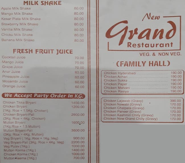 Menu at New Grand Restaurant, Mumbai, Aarsiwala Building