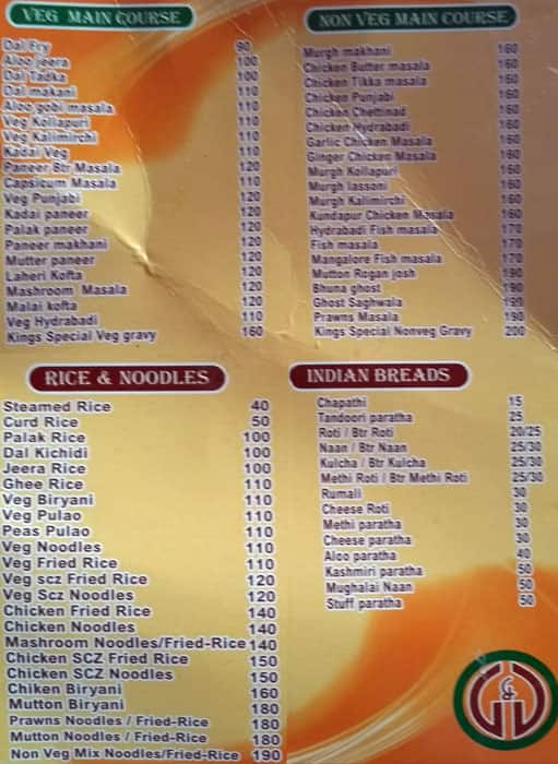 Menu at Kings Darbar, Mysuru