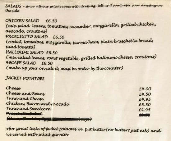 Menu at 49 Cafe, London