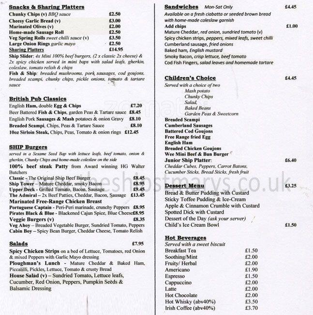 Menu at The Ship Rotherhithe pub & bar, London, 39-47 Saint Marychurch St