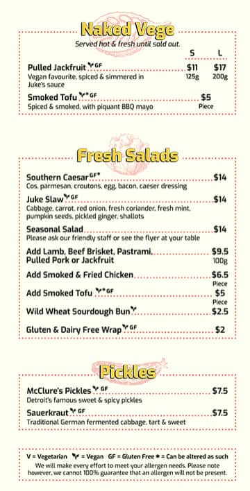 Menu at Juke Joint BBQ, Auckland