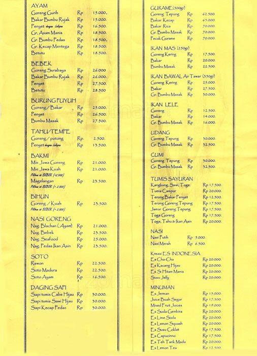 Menu at Bakul Nasi restaurant, Tangerang, Jl. Ceger Raya No.40
