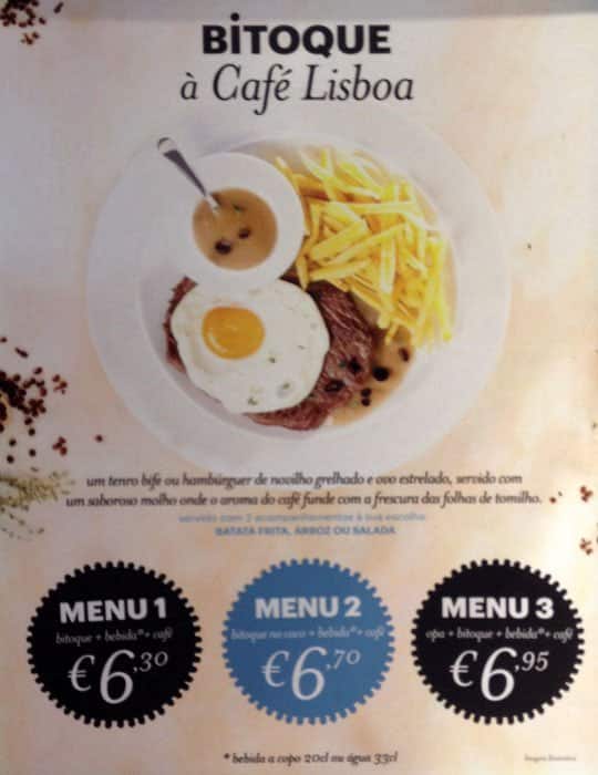Menu em Bitoque no Ponto restaurante, Lisboa, Centro Comercial Spacio ...