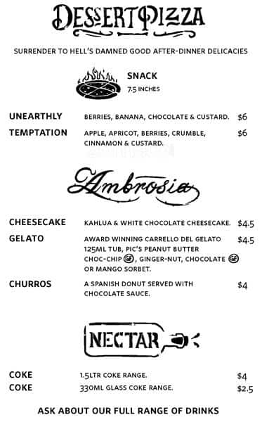 Menu at HELL Pizza restaurant, Christchurch, 21 Shands Rd