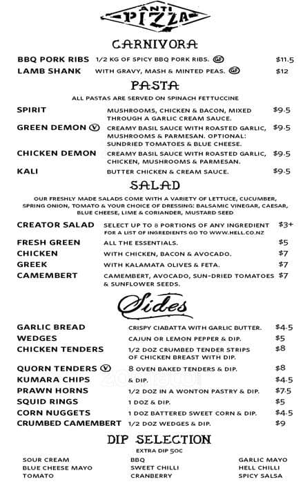 Menu at HELL Pizza restaurant, Christchurch, 21 Shands Rd