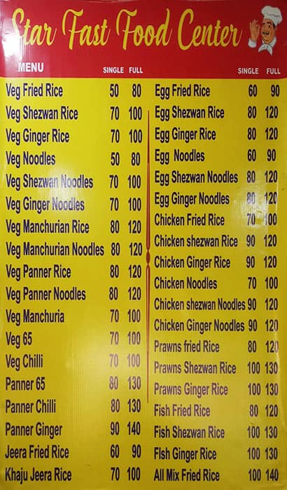 Menu at Star Fast Food Centre, Hyderabad, Shop No. 2-2