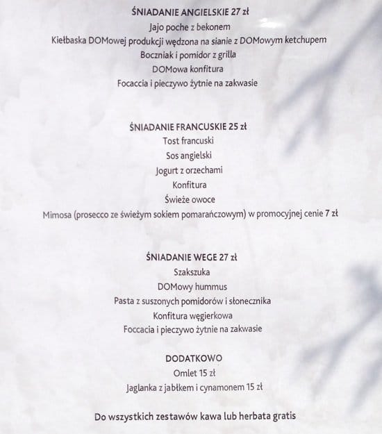 Menu at Restauracja DOM restaurant, Warsaw, Ludwika Mierosławskiego 12