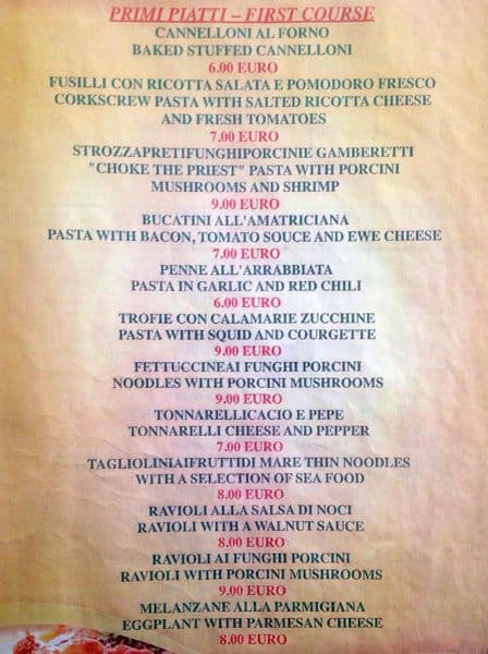 Menu at La Forchetta d'Oro pizzeria, Rome, Via di S. Martino Ai Monti
