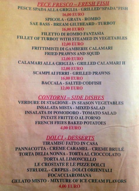 Menu at La Forchetta d'Oro pizzeria, Rome, Via di S. Martino Ai Monti