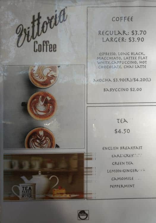 Menu at BITE cafe, Pyrmont