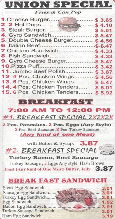 Menu at Union sub fast food, Chicago