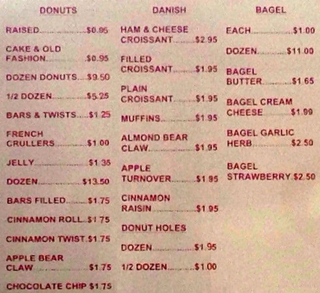 Menu at Lee's Donuts, Alameda