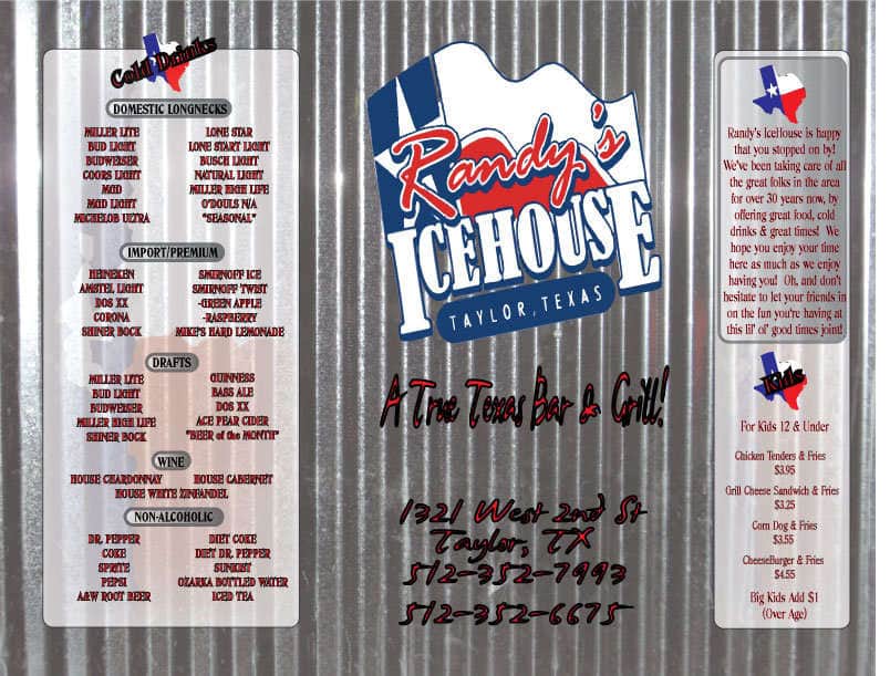 Menu at Randy's Ice House restaurant, Taylor