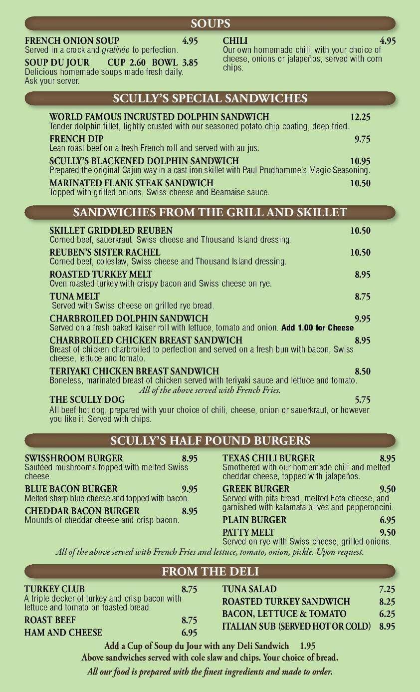 Menu at Scully's Tavern pub & bar, Miami