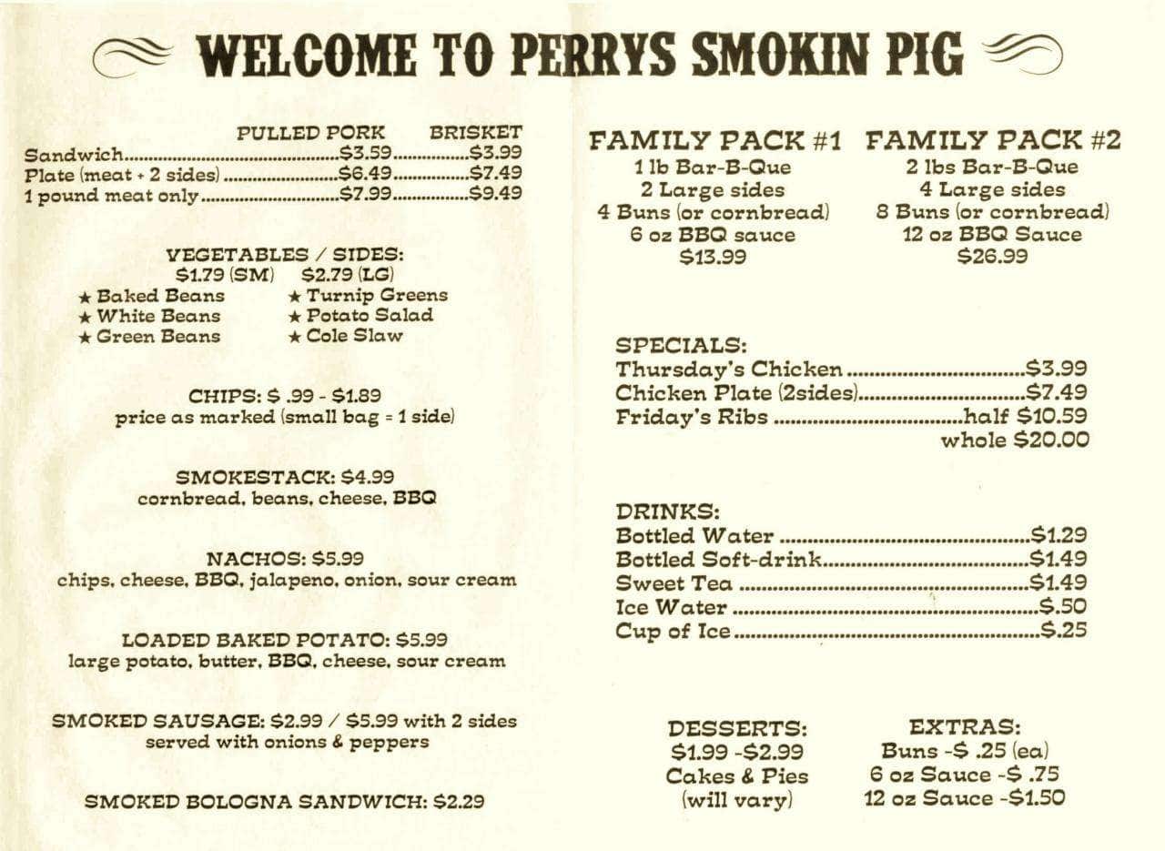 Menu at Perrys Smokin Pig BBQ, White House