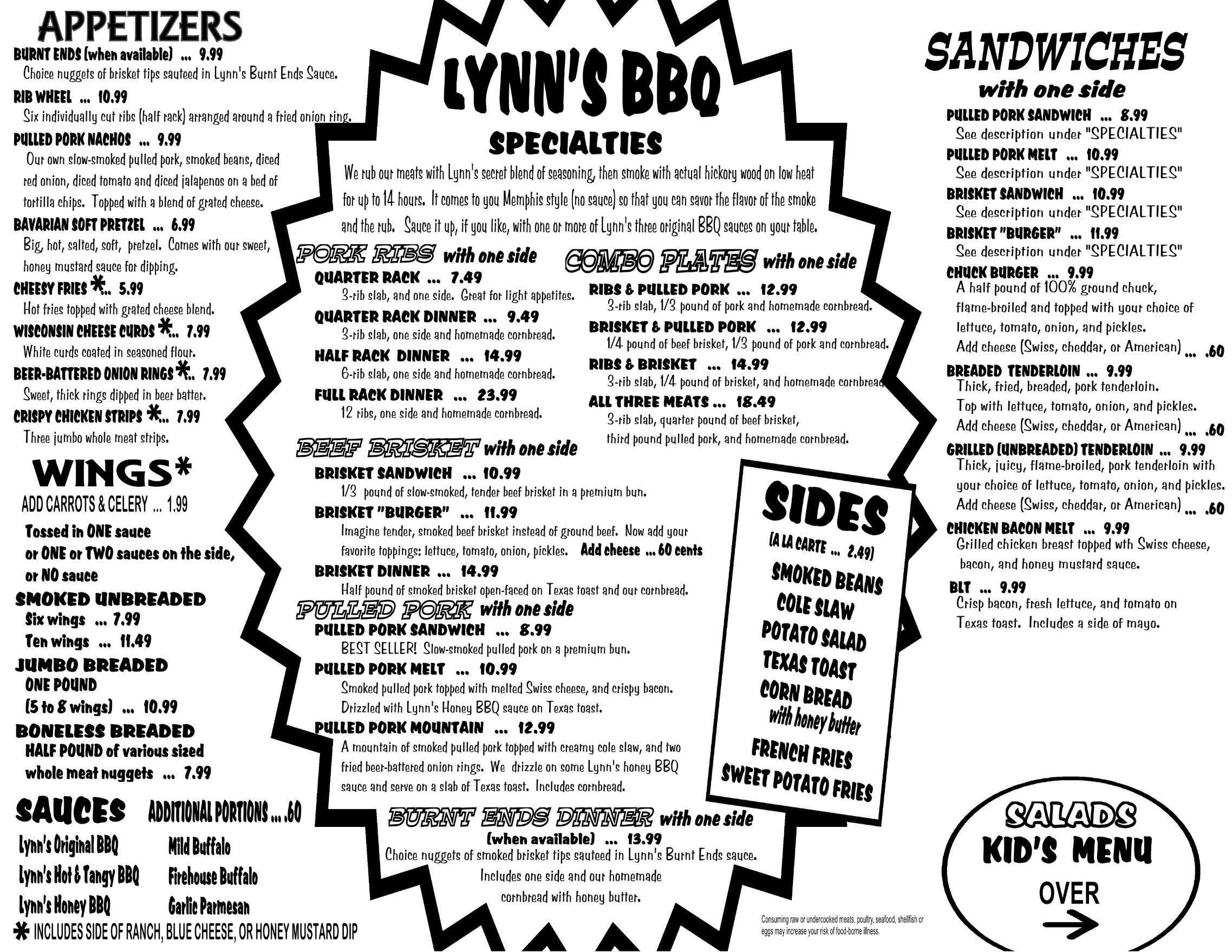 Menu at Lynn's BBQ, Eldridge