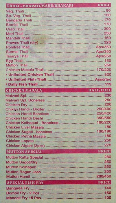 Menu of Malvani Katta, Bhandup, Mumbai