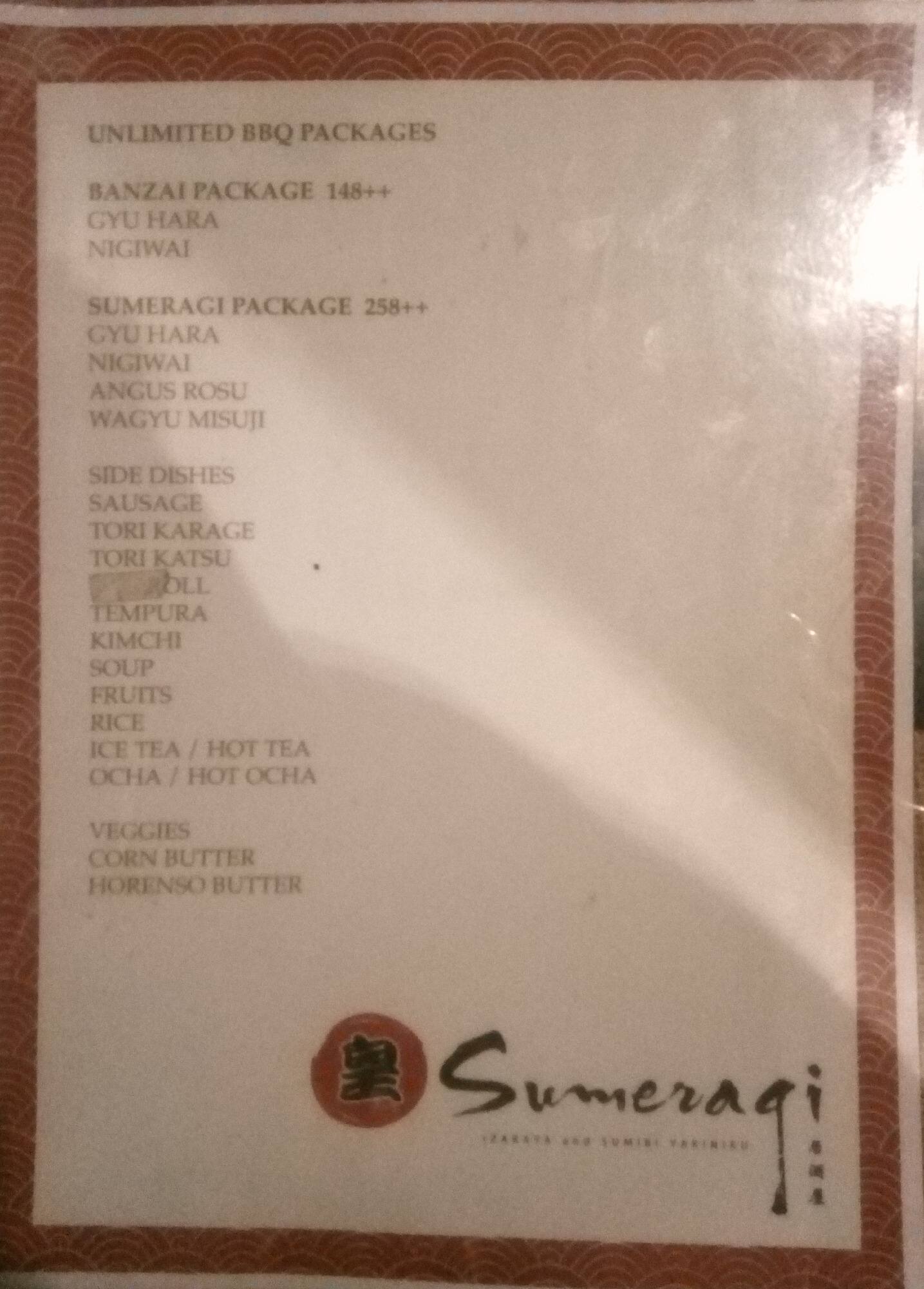 Menu at Sumeragi Izakaya restaurant, Bandung, Setrasari Mall