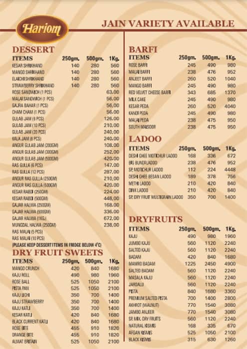 Menu of Hariom Sweets, Mulund East, Mumbai