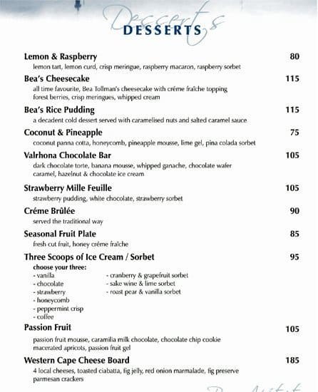 Menu at Azure Restaurant 12 Apostels, Cape Town