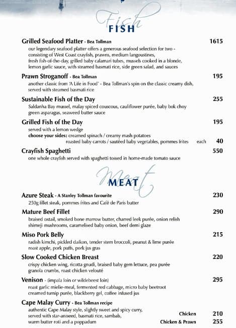 Menu at Azure Restaurant 12 Apostels, Cape Town